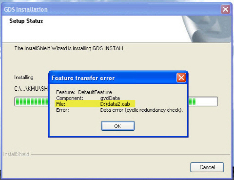 I was getting the message " Data2.cab error " during installing GDS ...